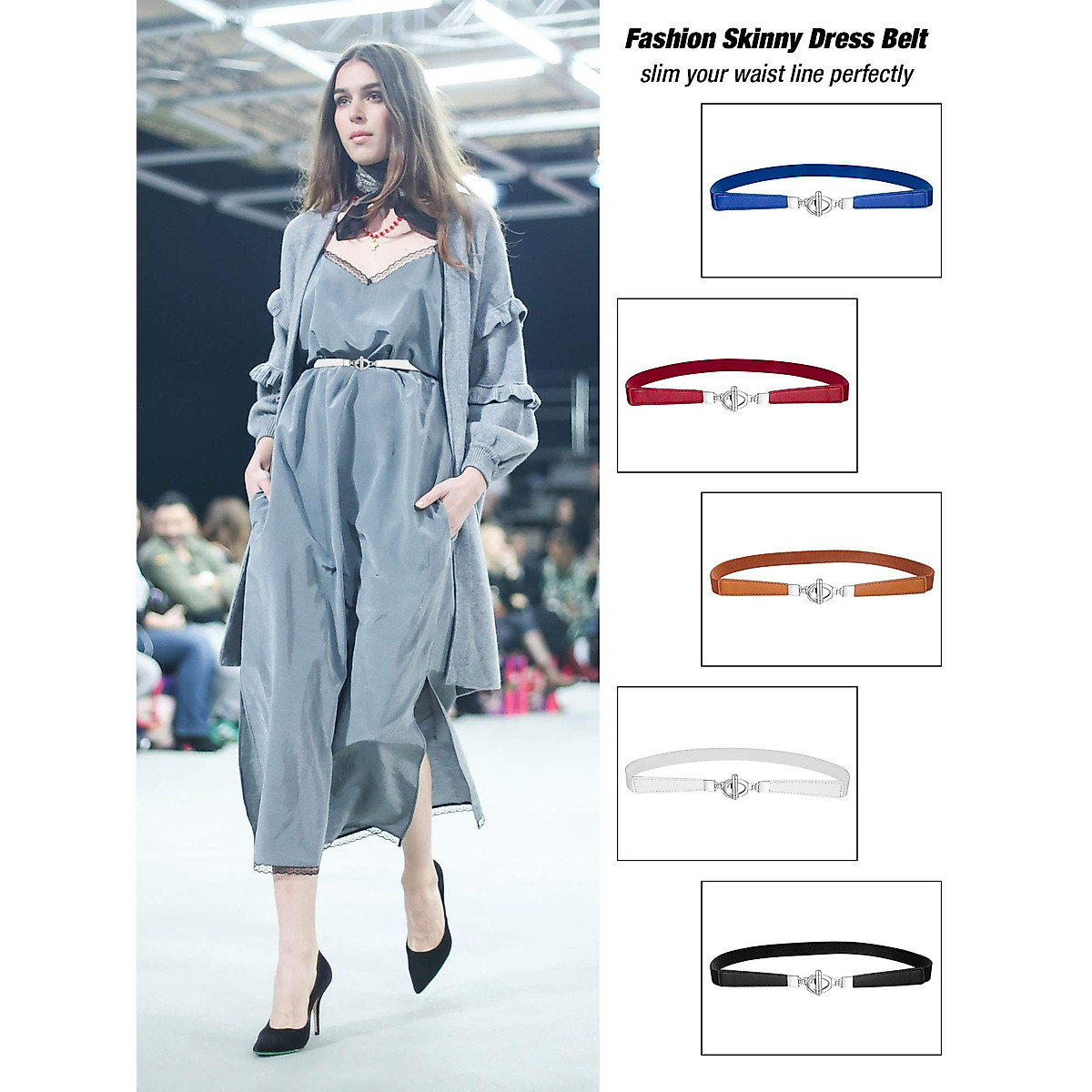 JOVITEC 5 Pieces Women Skinny Elastic Waist Belt for Dress Retro Stretch Cinch Adjustable Thin Belt Metal Buckle