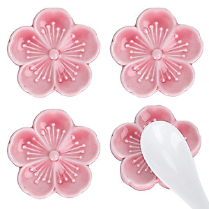 Whaline 4 Pieces Flower Coffee Spoon Rest Pink Cherry Blossom Ceramic Teaspoon Holder Home Table Decor Accessories for Kitchen Office Coffee Bar Coffee Stirrers Coffee Lovers