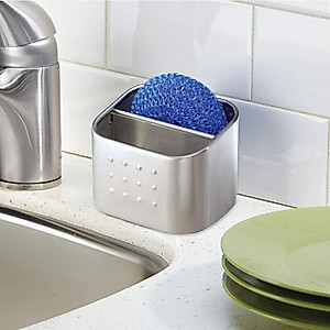 mDesign Modern Metal Farmhouse Kitchen Sink Storage Organizer Caddy - Small Holder for Sponges, Soaps, Scrubbers - Use in Kitchen, Laundry, Utility Room, Bathroom, Garage - Brushed