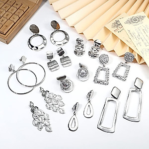 Subiceto 9 Pairs Silver Clip on Earrings for Women Statement Clip On Earrings Large Silver Geometric Clip Earrings Square Rectangle Round Clip Dangle Earrings Non Pierced Earrings Set