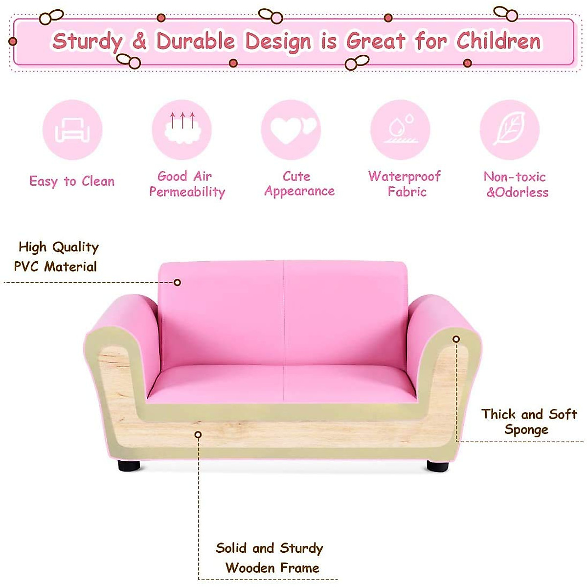GLACER Kids Sofa with Footstool, Upholstered Toddler Couch Chair for Boys and Girls, 2 Seat Baby Sofa Chair Children Armchair with Sturdy Wood Construction, ASTM and CPSIA Certified (Pink)