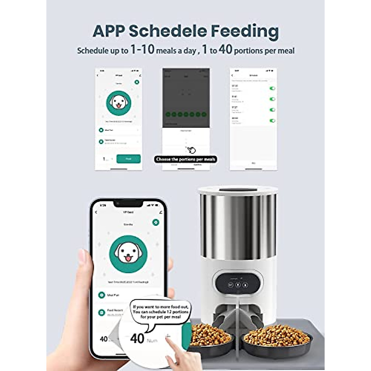 Automatic Cat Feeder, WHDPETS WiFi Cat Food Dispenser for 2 Cats & Dogs, 304 Stainless Steel Pet Feeder with Feeding Mat, 2-Way Splitter, APP Control, 10s Voice Recorder, Dual Power Supply
