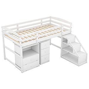 HYC Twin Loft Bed with Multifunctional Movable Built-in Desk, Wood Low Loft Bed with Stairs, for Kids Teens Girls Boys,White