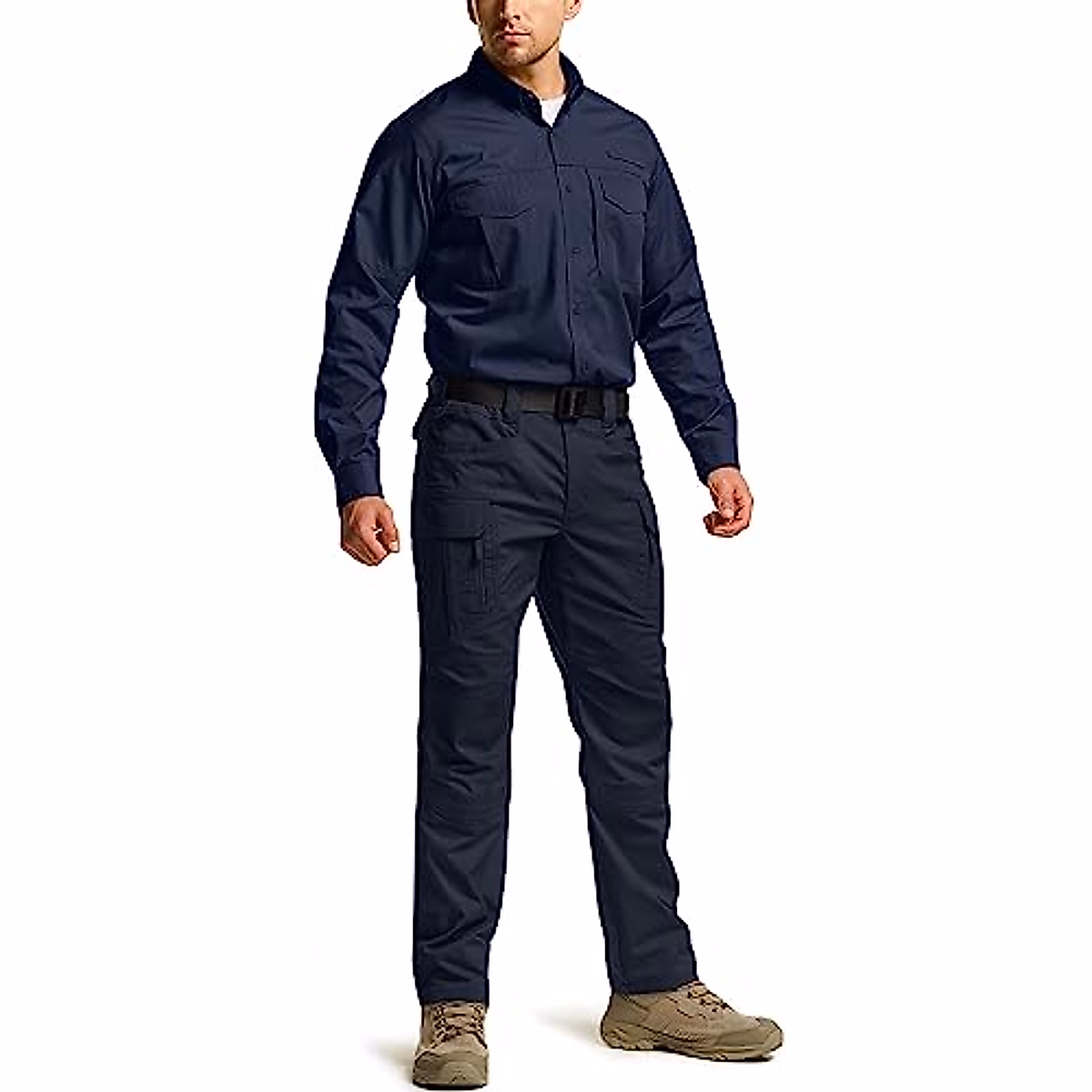 CQR Men's Long Sleeve Tactical Shirts, Ripstop Military Work Shirts, UPF 50+ Breathable Button Down Outdoor Hiking Shirt, Officer Work Shirts Dark Midnight Navy, Large