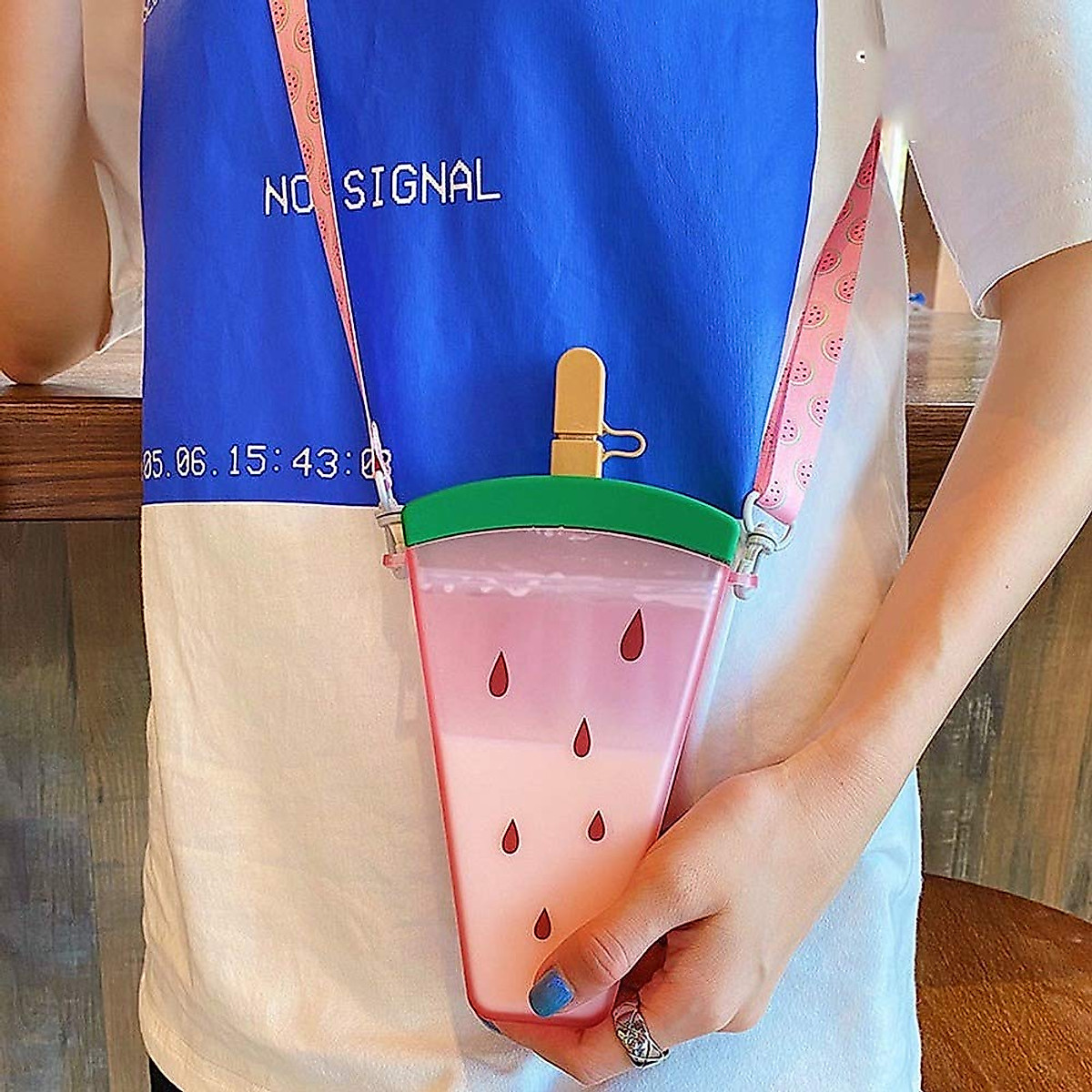 YunQin 320ml Plastic Water Bottles, 4 Colors Cute Watermelon Ice Cream Water Bottle with Straw, Anti-fall Portable Popsicle Shape Water Cup for Girls (pink)
