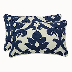 Pillow Perfect Damask Outdoor Throw Accent Pillow, Plush Fill, Weather, and Fade Resistant, Small Lumbar - 11.5" x 18.5", Blue/White Basalto, 2 Count