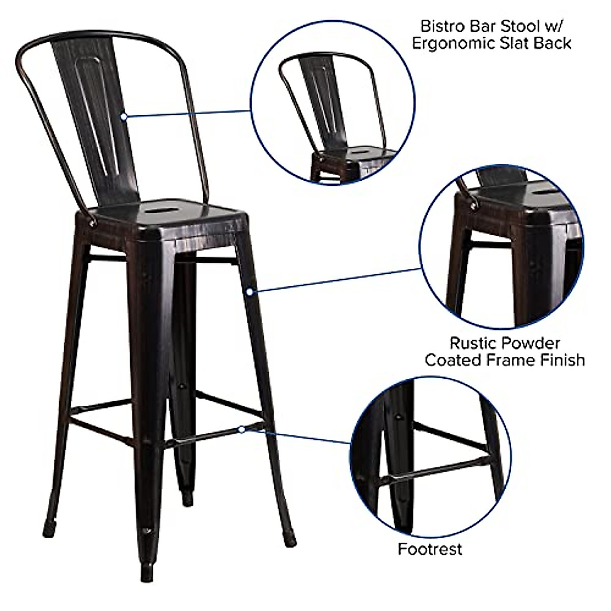 EMMA + OLIVER Commercial Grade 30" H Black-Gold Metal Indoor-Outdoor Barstool with Back