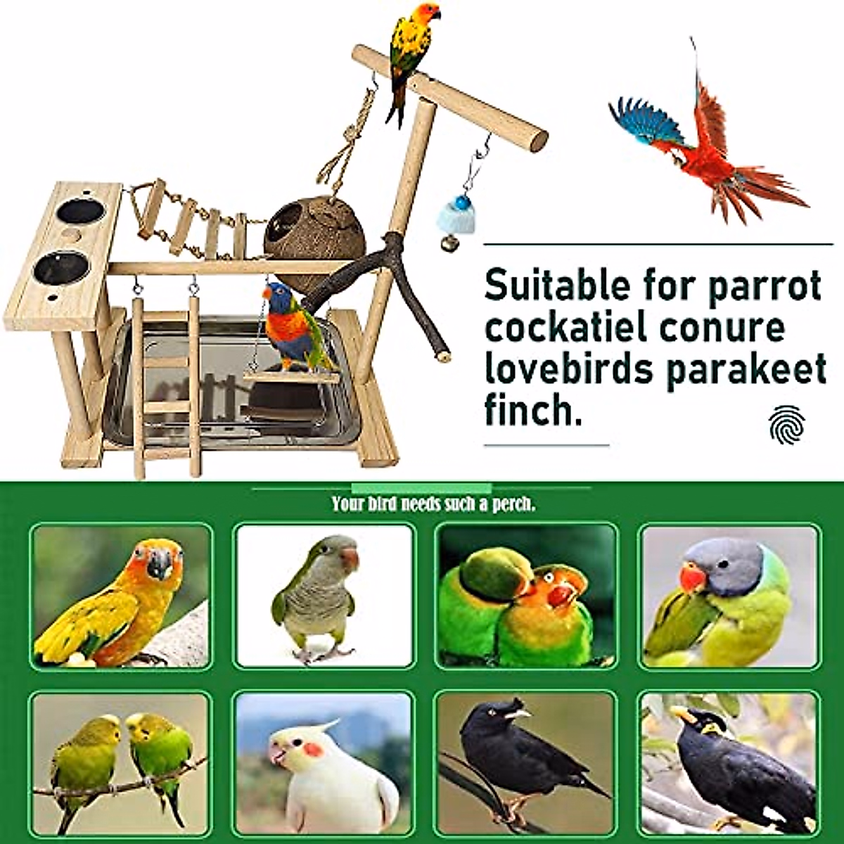 Hamiledyi Bird Playground for Conures Parrot Playstand Cockatiel Play Stand Wood Perch Gym Playpen Ladder Swing Chew Toy with Feeder Cups for Lovebirds Parakeet Cage Accessories Exercise Platform
