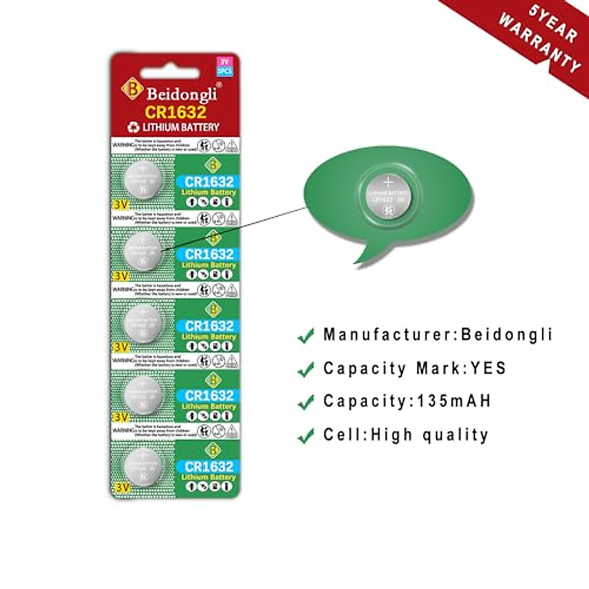 Beidongli CR1632 3 Volt Lithium Coin Cell Battery (10 Batteries)【5-Years Warranty】
