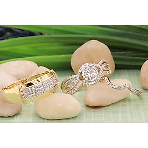 Dazzlingrock Collection Round White Diamond Cluster Criss Cross Matching Wedding Trio Ring Set (0.65 ctw, Color I-J, Clarity I2-I3) in 10K Yellow Gold, Women size 8.5 and Men size 11