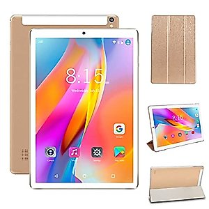 POWMUS 10 Inch Tablet Android 10 Phone Tablet, Tablet with Dual SIM, 32GB Quad Core, IPS Touchscreen, 8MP Rear Camera WiFi GPS Bluetooth USB C, Support 3G Phone Call, Include Tablet Leather Case