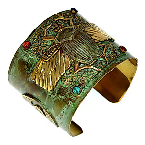 Elaine Coyne Collectible Artwear Patina Brass Egyptian Scarab Motif Wide Cuff Bracelet - Carnelian, Navy Onyx, Turquoise