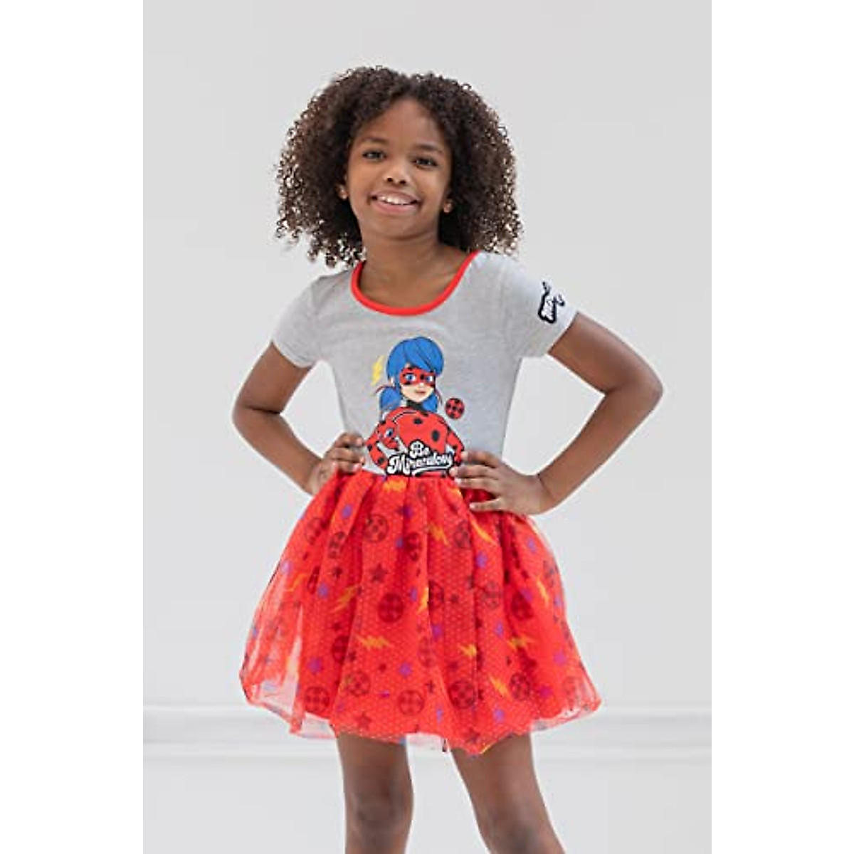 Miraculous Ladybug Little Girls Tulle Dress Red/Gray 7-8