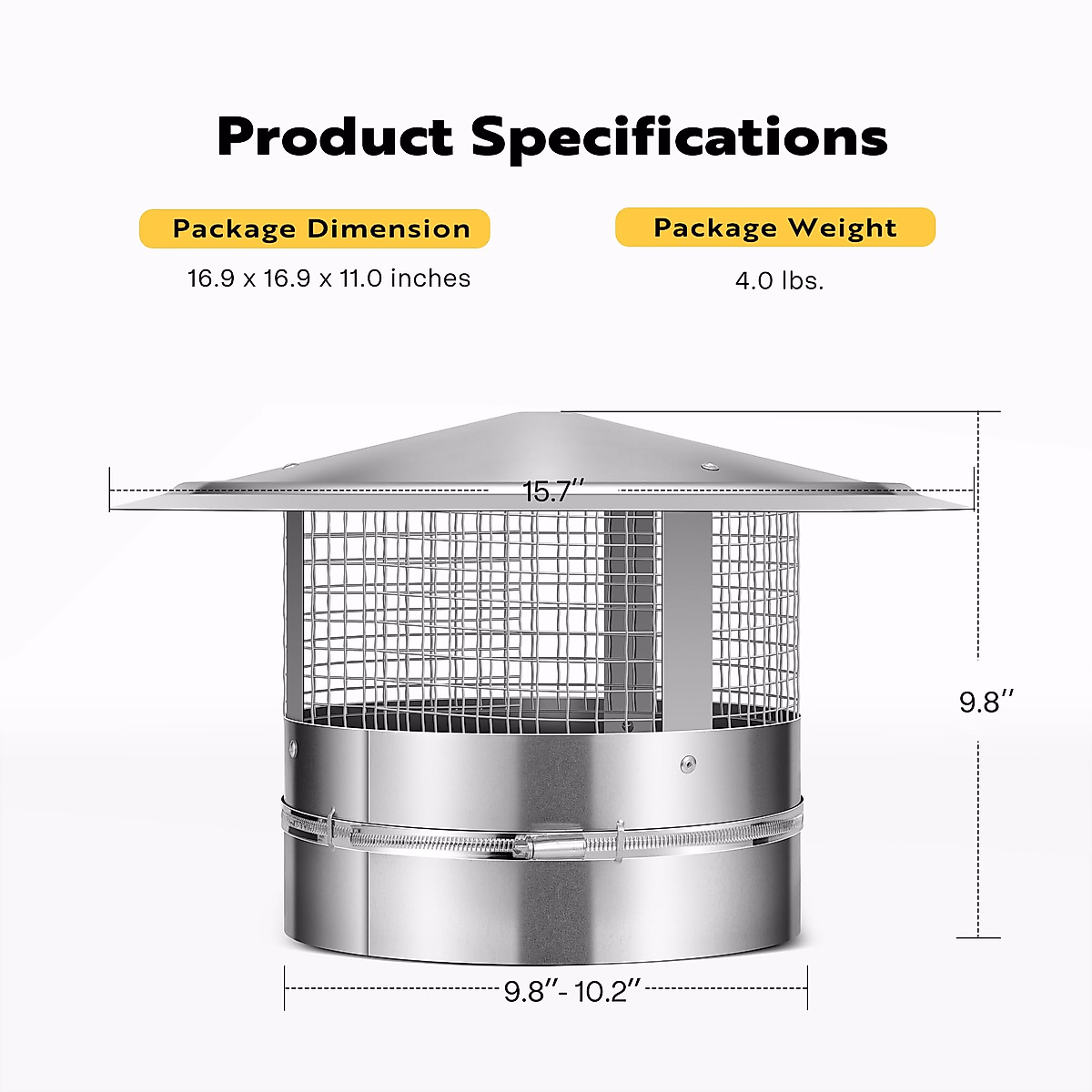 VIVOHOME 10" Cone Top Chimney Cap with Screen, Round Roof Rain Chimney Cover, Galvanized Steel Fireplace Exhaust Cap, Adjustable Roof Cap for Vent