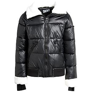 DKNY Girls' Winter Coat - Insulated Quilted Puffer Bomber Coat - Outerwear Jacket for Girls, Sherpa Collar/Cuffs (8-16), Size 10-12, Black