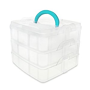 CraftMedley 3 Layer Stack and Carry Box, Plastic Multipurpose Portable Storage Container Tote with Handle - Organize Crafts, Beads, Buttons, Sewing - 6 x 6 x 5 Inches