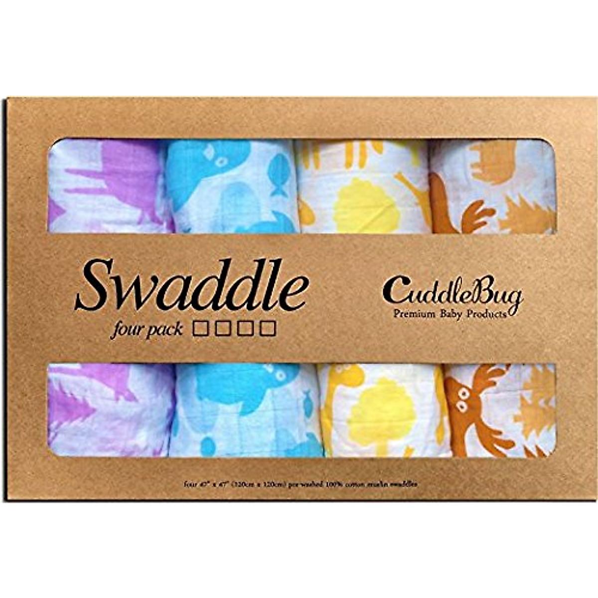 CuddleBug Muslin Baby Swaddle Blankets for Boys and Girls Size Large 4 x 4 Feet – Muslin Cotton 4 Pack (Colorful Critters)