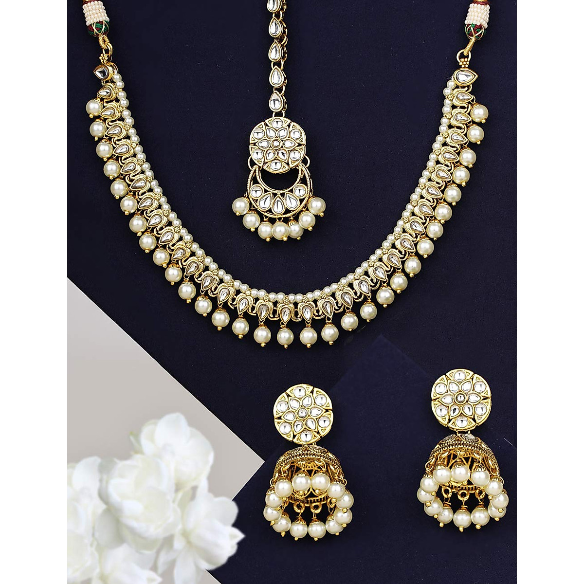 Priyaasi Kundan Indian Jewellery Set for Women with Mang Tikka | Gold-Plated | Floral-Leaf Design | Pearl Drop | Indian Bridal Jewelry Set for Wedding | Jhumka Earrings | White & Golden
