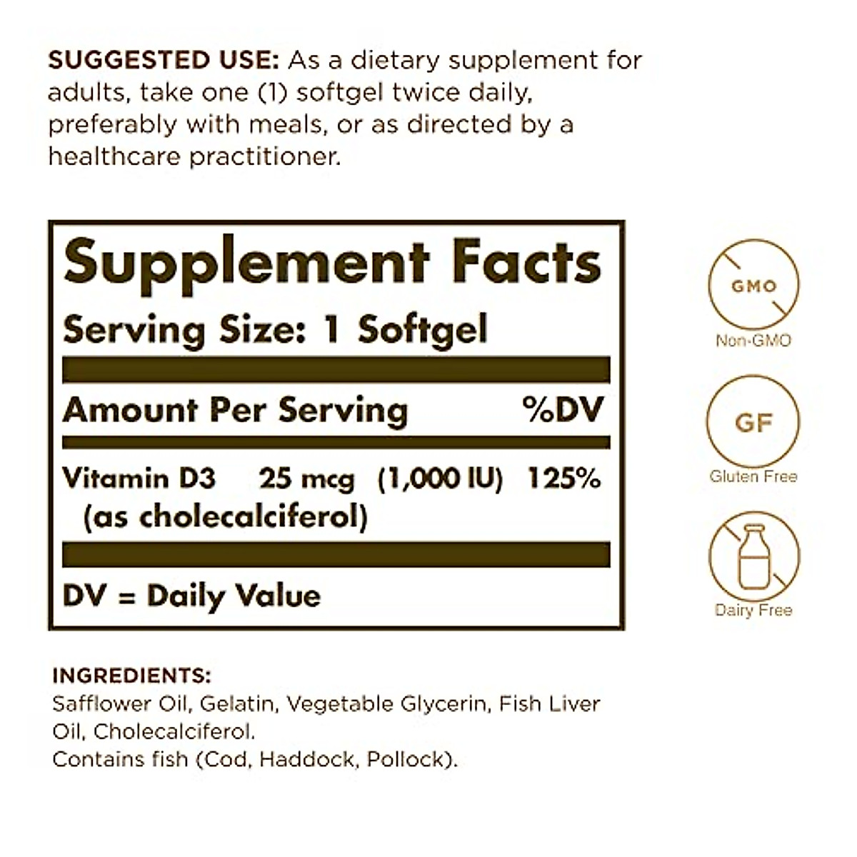 Solgar Vitamin D3 (Cholecalciferol) 25 MCG (1000 IU), 250 Softgels - Helps Maintain Healthy Bones & Teeth - Immune System Support - Non-GMO, Gluten Free, Dairy Free - 250 Servings