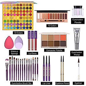 UCANBE All In One Makeup Kit Gift Box For Women Full Kit - Contains Eyeshadow Palette Concealer Brushes Lip Gloss Lip Liner Eyeliner Eyebrow Pen Eyeshadow Primer Sponge Puff Make up Sets
