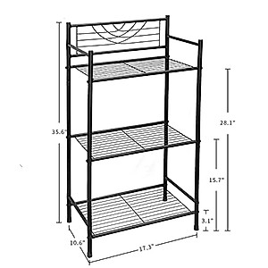 Kimzda 3-Tier Metal Shelf Free Standing Bathroom Tower Storage Rack Corner Rack for Bathroom Laundry Kitchen Office, with 4 Pieces Coat Hook, Black