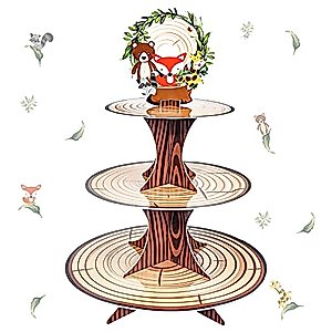 3 Tier Woodland Cupcake Stand, Woodland Baby Shower Decorations Jungle Animal Cupcake Tower for Wild One Boys Girls Woodland Forest Birthday Party Decor Supplies
