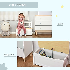 Qaba Toddler Toy Box Storage Bench with Large 27 L Interior, Kids Storage Bench Seat with Storage for Toddler Playroom Furniture, Kids Bedroom Furniture, Toy Organizer and Storage Bin White
