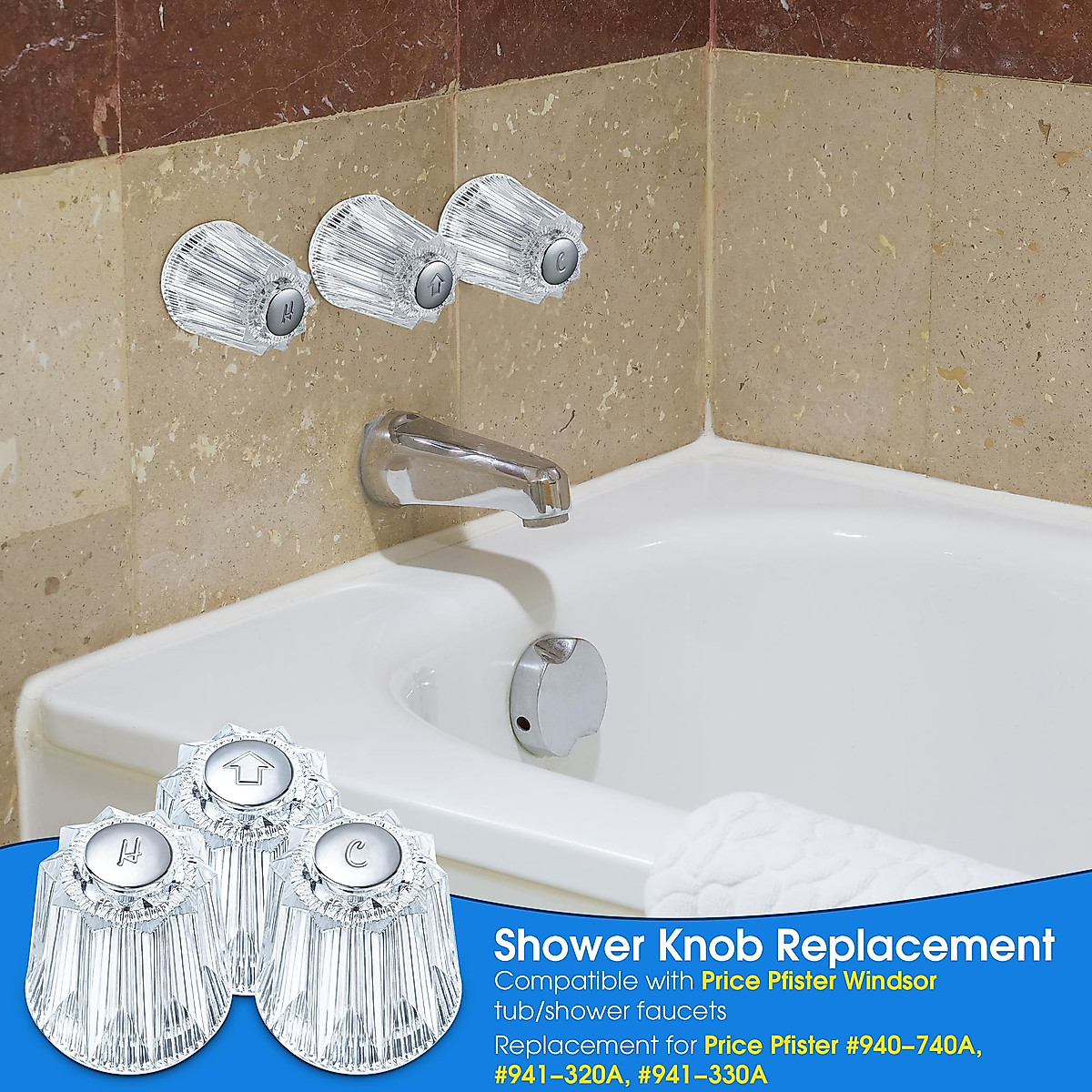 Enhon Shower Faucet Handle Replacement, Compatible with Price Pfister Windsor Tub and Shower Faucets, 3 Pieces Hot Cold and Diverter Shower Knob Replacement, Clear Acrylic