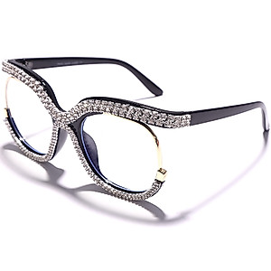 Rmerom Blue Light Blocking Oversized Glasses Stylish Fake Round Eyeglasses for Women UV400 Protection Eyewear GVA9051 (Black/Anti-blue W/Diamon)