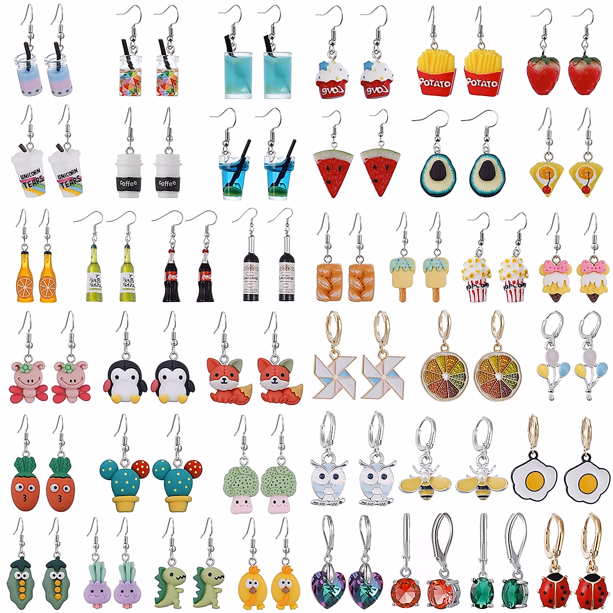 20 Pairs Random Mixed Resin Acrylic & Metal Earrings Set, Weird Dangle Drop Drink Bottle Animal Pendant Earring, Funny Statement Fashion Hoop Earring Jewelry for Women (20pcs Random Mixed)