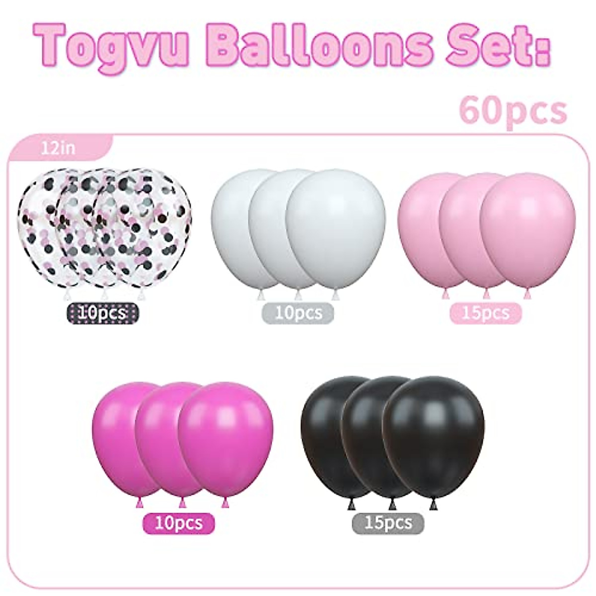 Balloons Black and Pink, Pack of 60 Hot Pink Black White Latex Balloon and Confetti Balloons, Rose Red Pink Party Balloons Decoration for Girls Mouse Theme Birthday Party Baby Shower Bridal Shower