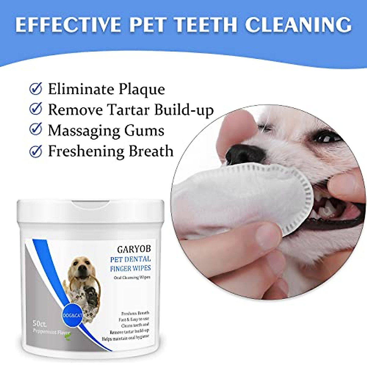 GARYOB Pet Dental Fingers Wipes, Oral Cleansing Teeth Wipes Pads for Dogs and Cats - Optimize Oral Health, Freshen Breath- 50 Wipes