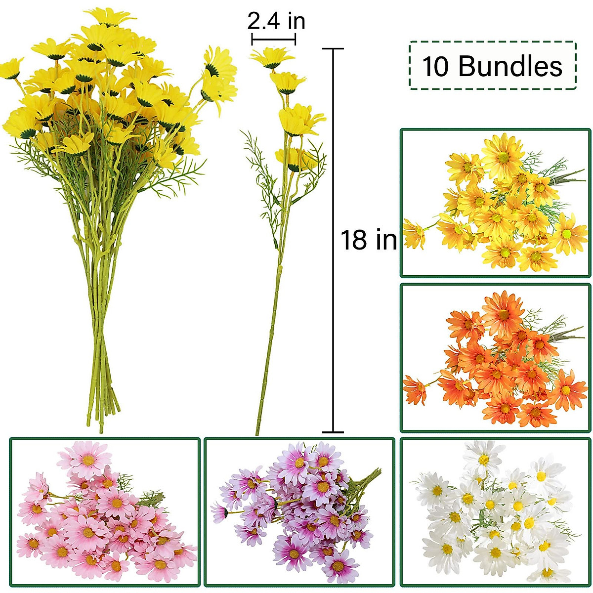 CSBYW Artificial Flowers 10 Bundles Multicolor Artificial Daisy Flowers UV Resistant Outdoor Fake Wildflowers with Stems Faux Greenery Shrubs Plants Arrangements for Home Garden Vase Decor