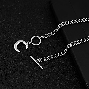 VCCKNB JEWELRY Moon Chain Necklace 18K White Gold Plated Silver Moon Necklace Crescent Moon Necklace for Women Toggle Necklace Moon Choker Necklace Moon Chain Necklace for Men