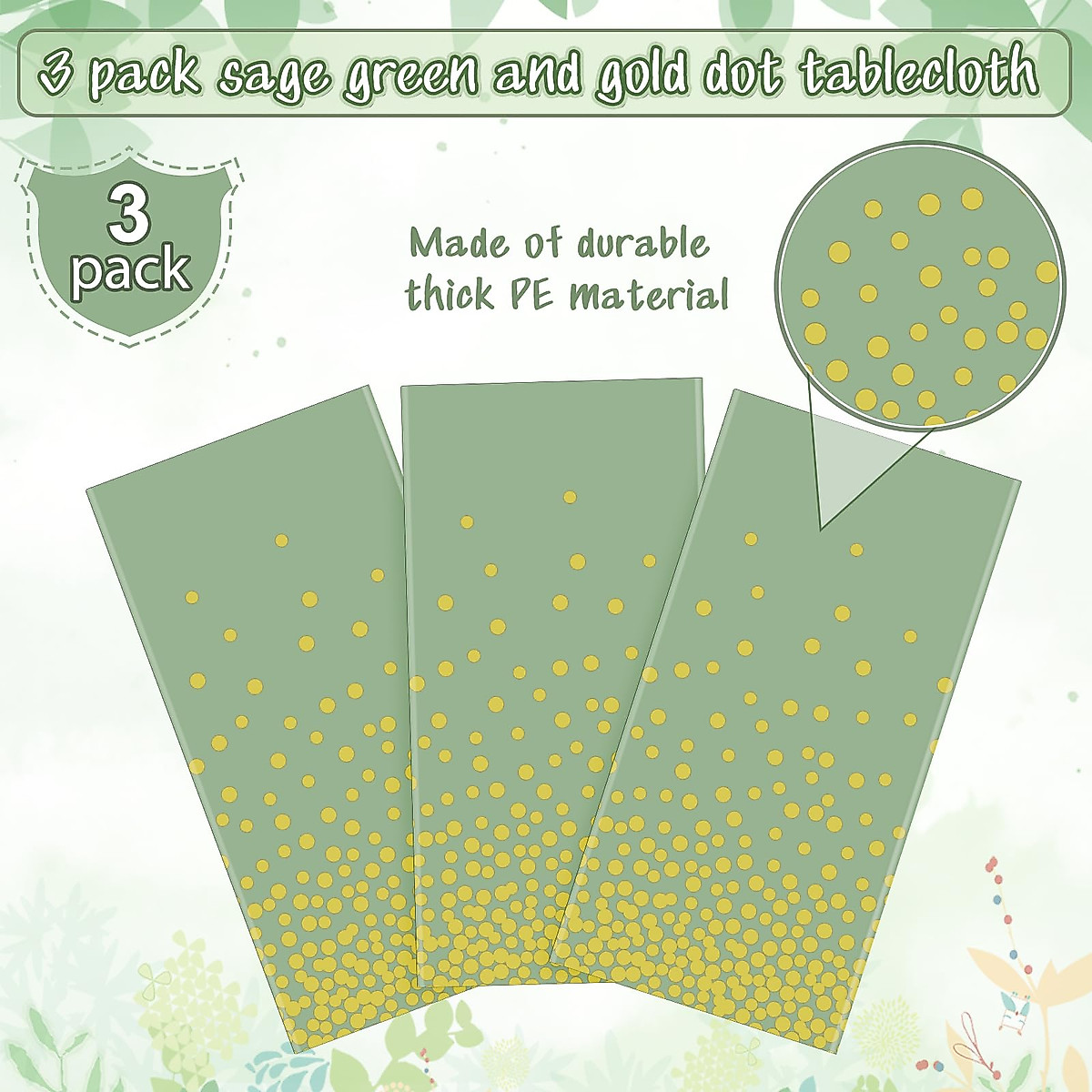 3 Pack Sage Green and Gold Plastic Tablecloth, Green Disposable Table Cloth for Rectangle Tables, Gold Stamping Dot Light Green Tablecloth for Baby Shower Birthday Wedding Party Decorations, 54"x108"