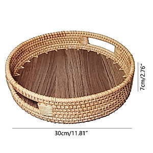 Round Rattan Woven Serving Tray with Handles and Wooden Base, 10.5”Wicker Decorative Basket with 2”Wall for Fruit Serving, Vanity Organizer, Coffee Table Tray, Kitchen Storage Display, Exxacttorch