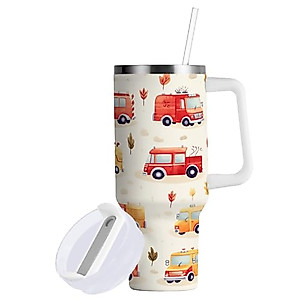 ARGTILDN 40 oz Tumbler Cartoon Fire Trucks Insulated Travel Mug with Handle and Straw Lid Stainless Steel Vacuum Coffee Cup Tea Beverage Container Water Bottles for Car Sports office