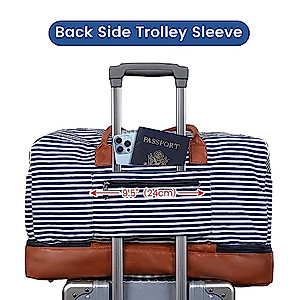 Inspack Duffle Bag with Shoe Compartment for Women/Men, 45L Gym Sports Bags with Trolley Sleeve, 22x14x9 Weekender/Carry on/Travel Tote/Duffel/Overnight Bags（Blue-White Stripe）