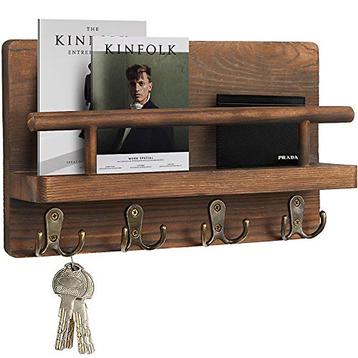 Key Holder for Wall Wooden Mail Holder for Wall Rustic Key Hanger for Wall Key Rack with 4 Double Key Hooks and A Floating Shelf Home Decor Mail Organizer Wall Mount for Entryway - All Solid Pine Wood