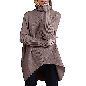 Caracilia Women Turtleneck Batwing Sweaters Oversized Tunic Sweater 2023 Fall Turtleneck High Low Sweater Pullover Knit Jumper Winter Clothes C8A7-doukou-L Brown