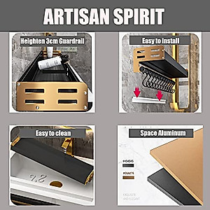 24HOCL Floating Shelves Wall Mounted with 7 Removable S Hooks, Adhesive/Drill Installation Wall Shelves for Bedroom/Bathroom/Living Room/Kitchen/Laundry Room, Storage & Decoration, Black/Gold