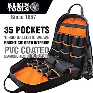 Klein Tools 55475 Tool Bag Backpack, Heavy Duty Tradesman Pro Tool Organizer / Tool Carrier with 35 Pockets for Hand Tools and Gear