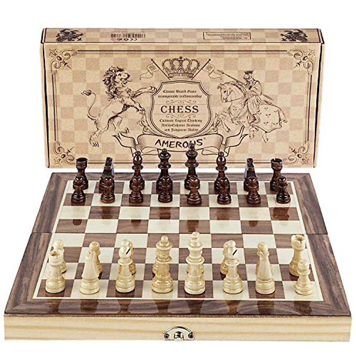 Amerous Chess Set, 12"x12" Folding Wooden Standard Travel International Chess Board Game Set with Magnetic Crafted Pieces