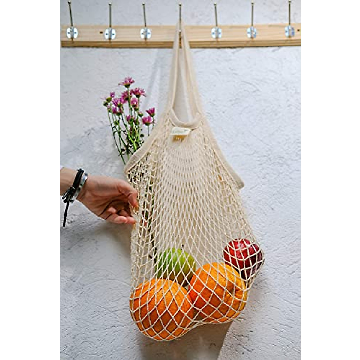Reusable Grocery Net Bags, Cotton Mesh Tote, Farmer's Market Bags for Fruits and Vegetables, String Shopping Organizer, Storage Bag with Long Handles, 2 Packs (Beige, Gray)