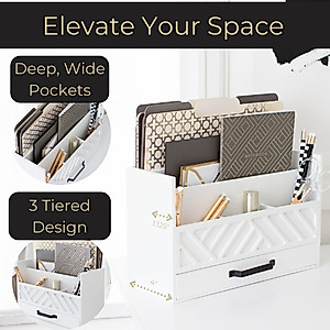 White Wood Desk Organizers and Storage with Drawer - Bill Mail Organizer and Mail Holder for Countertop and Kitchen - Desk Accessories & Workspace Organizers by Blu Monaco