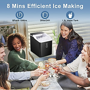 Ice Makers Countertop, Portable Ice Makers Countertop with Self-Cleaning,9 Bullet Cubes Ready in 8 Mins,26lbs/24H，with Ice Scoop and Ice Basket，for Home Kitchen Camping RV.(Black)