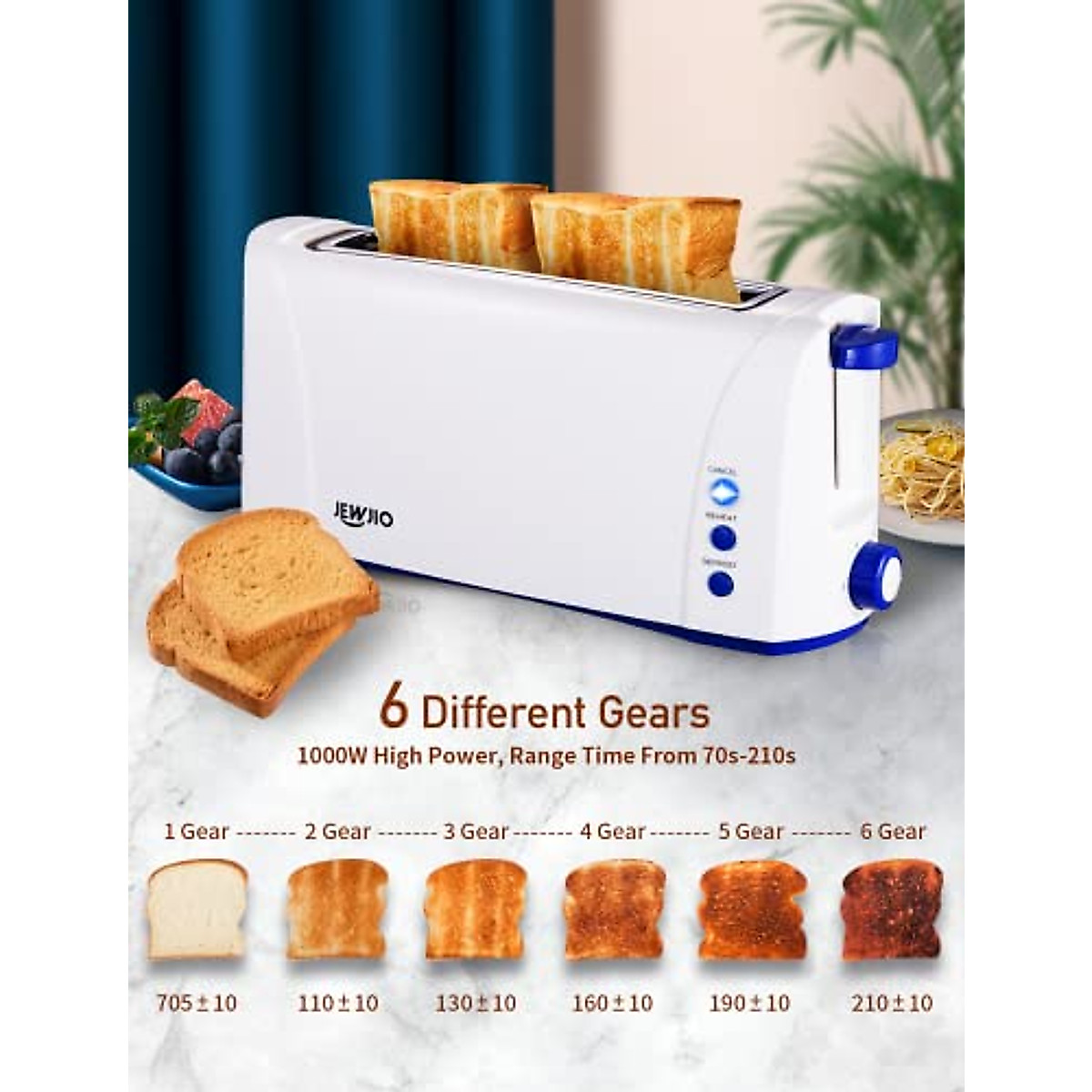 JEWJIO Long Slot White Toaster 2 Slice With Blue Buttom, 1.5” Wide Slot Best Slim 2 Slice Toaster, One Long Slot Toaster with Defrost/Reheat/Cancel/6 Bread Shade Settings/Removable Crumb Tray, Easy to Storage in Kitchen, RV, Sideboard, 1000W