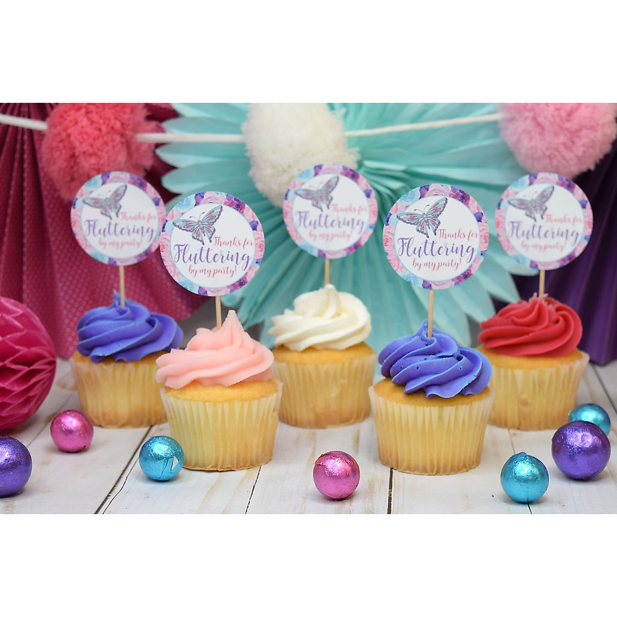 Floral Watercolor Butterfly Thank You Sticker Labels, 40 2" Party Circle Stickers by AmandaCreation, Great for Party Favors, Envelope Seals & Goodie Bags