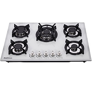 30 Inch Gas Cooktop DTW5701 White Tempered Glass Gas Stovetop, 5 Gas Burners LPG/NG Convertible Gas Stove Thermocouple Protection Gas Hob