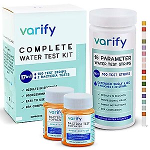 17 in 1 Premium Drinking Water Test Kit - 100 Strips + 2 Bacteria Tests - Home Water Quality Test - Well and Tap Water - Easy Testing for Lead, Bacteria, Hardness, Fluoride, pH, Iron, Copper and more!